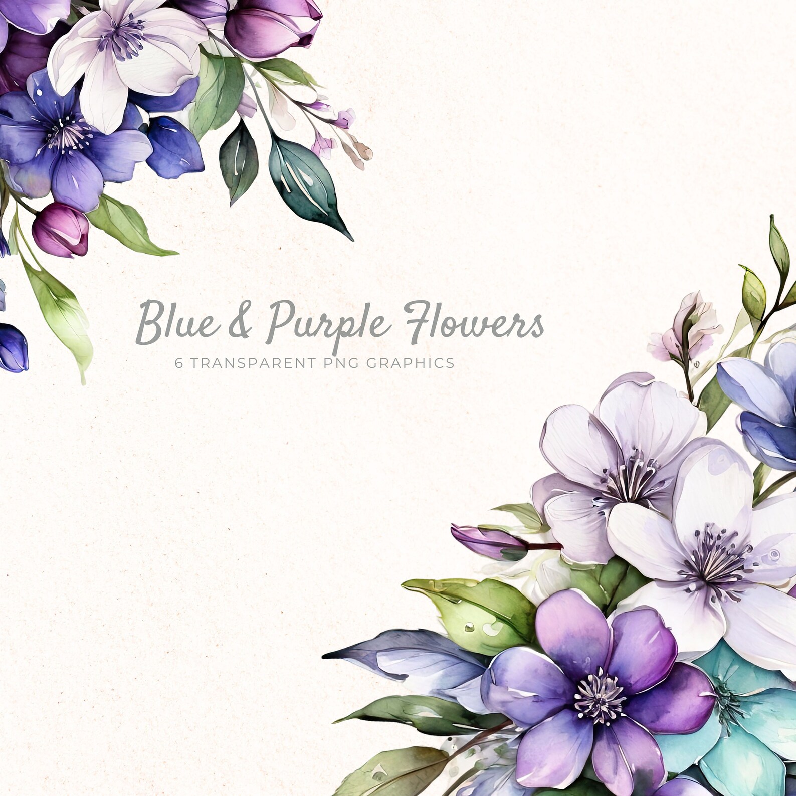 Watercolor Flower Clipart, Blue Purple Floral PNG, Garden Decor Digital ...