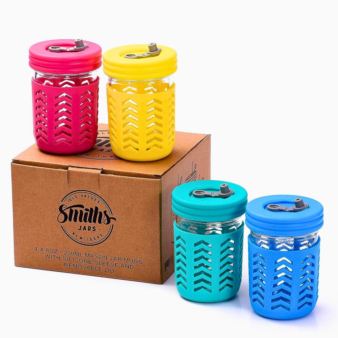 Set of 4 Spill-proof Glass Jars With Silicone Sleeves and Straws – 8oz ...