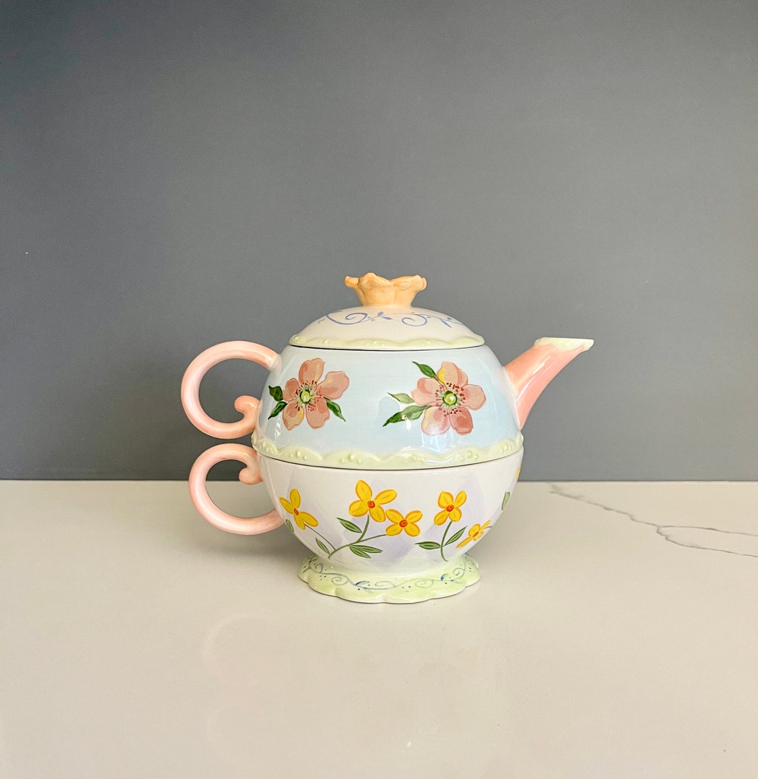 Vintage Avon Stacked Teapot and Cup for One, Hand Painted in Beautiful ...