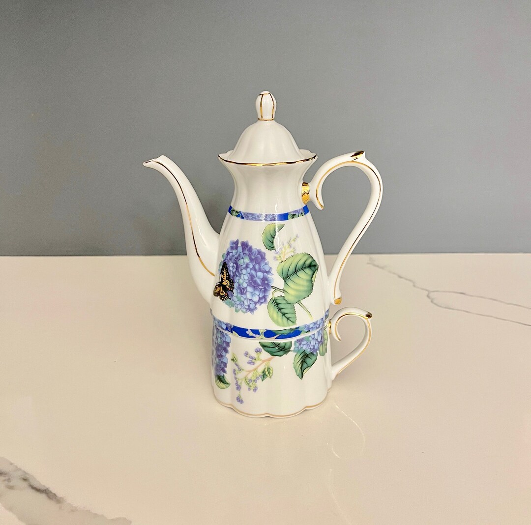 Vintage Blue Hydrangea and Butterfly Stacked Teapot and Cup for One ...
