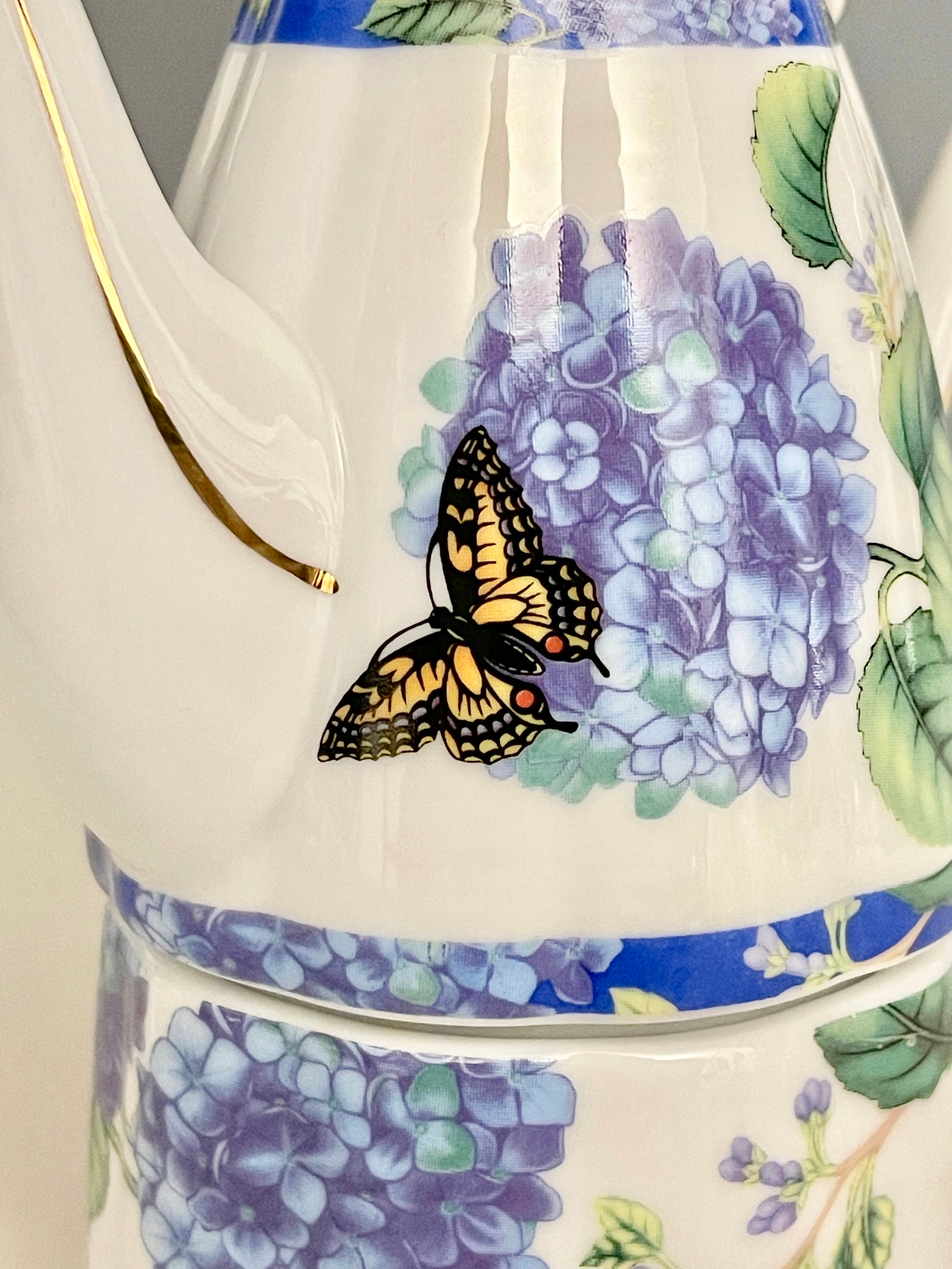 Vintage Blue Hydrangea and Butterfly Stacked Teapot and Cup for One ...