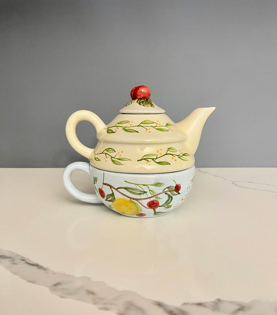 Vintage Stacked Teapot and Cup for One, Hand Painted. Produced for ...