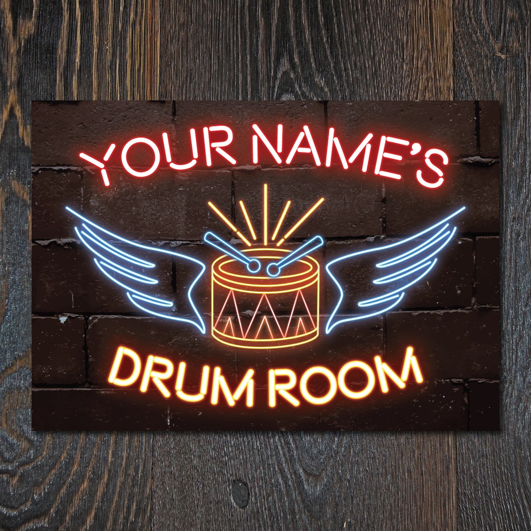 Personalised Neon Effect Drum Room Sign Drumming Decor Music Gift Metal ...