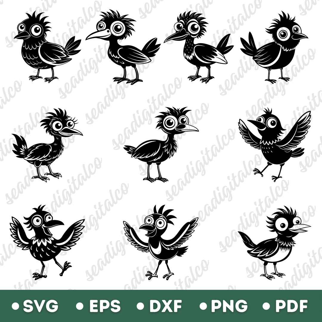 Cartoon Birds SVG Bundle, Funny Bird Silhouette, Cute Black Bird Svg ...