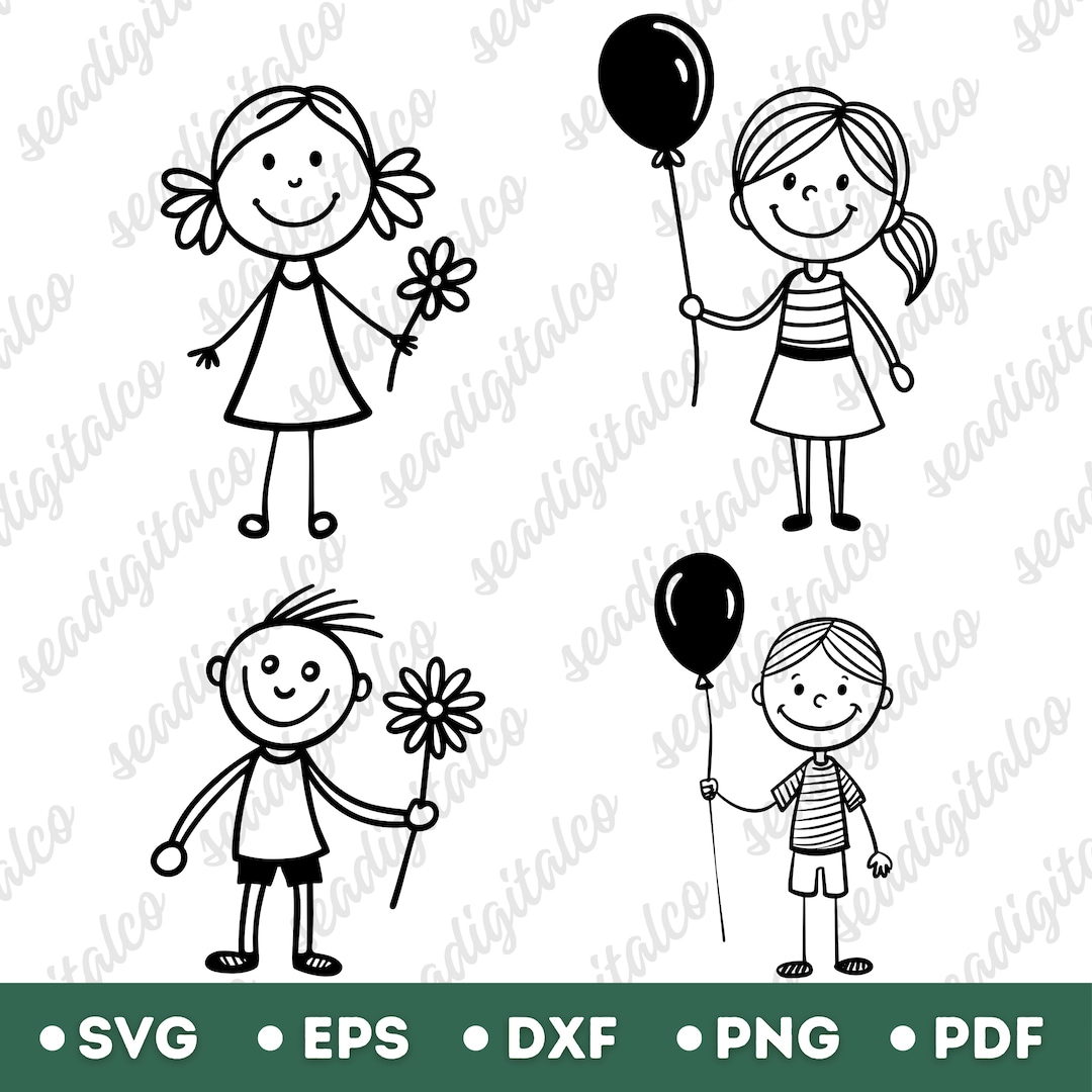 Stick Figures SVG, Stick Children Svg, Stick Kids Clipart, Cute Girls ...
