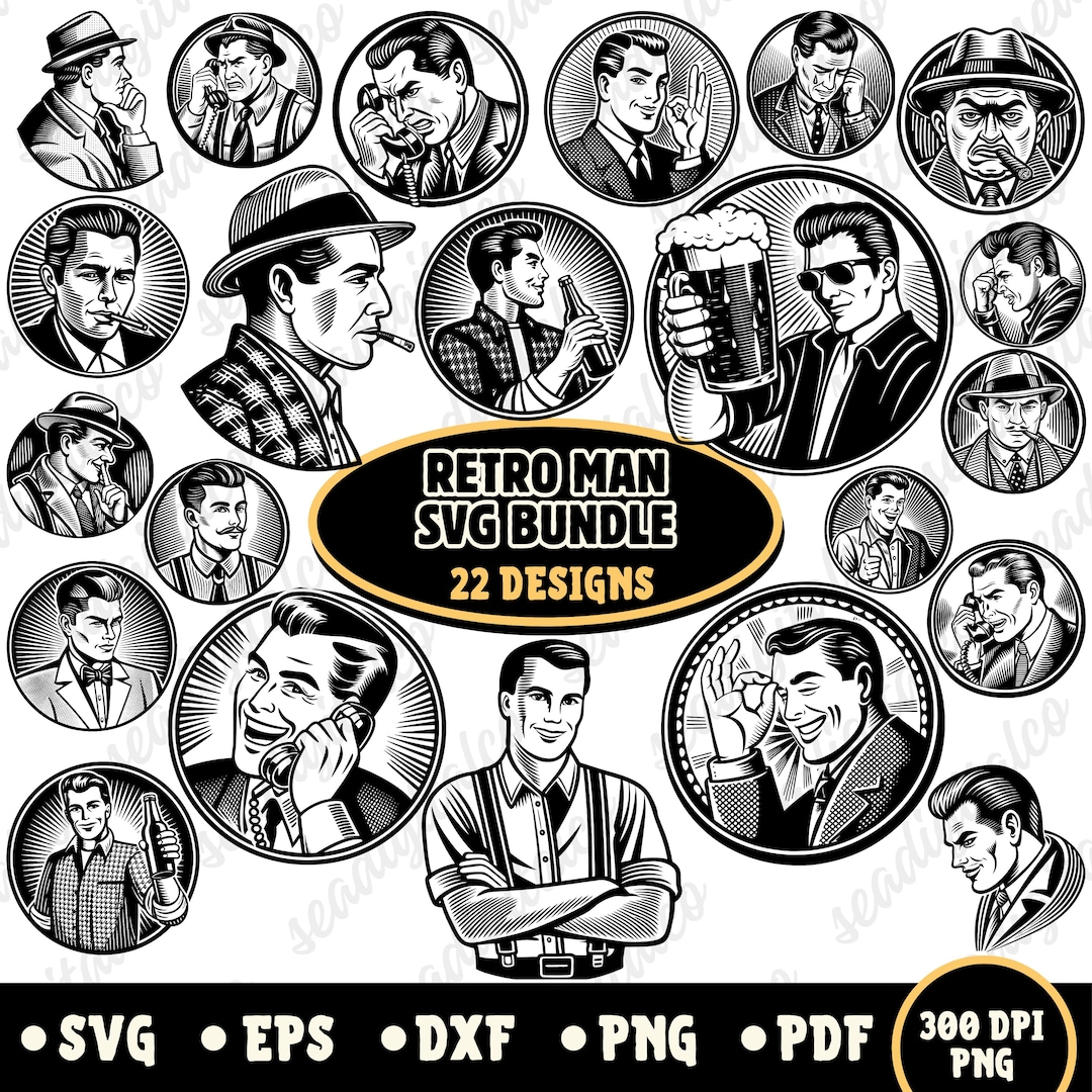Retro Man Clipart & SVG Bundle | 1950s Vintage Gentleman Illustrations ...