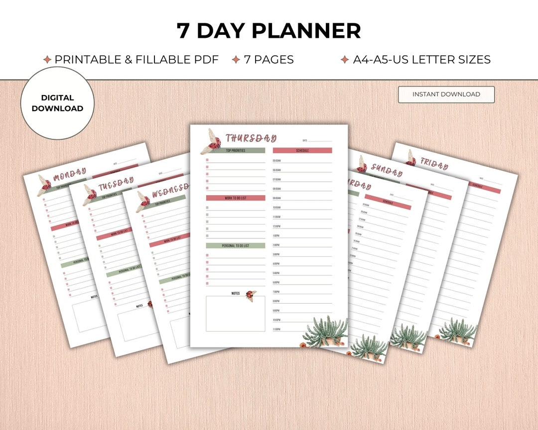 7 Day Planner Printable Daily Planner Weekly Planner PDF - Etsy