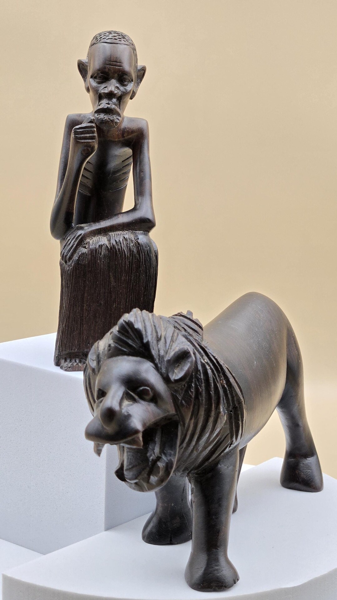 Masai Hand Carved Tribal Elder and Walking Lion, Maasai Sculpture ...