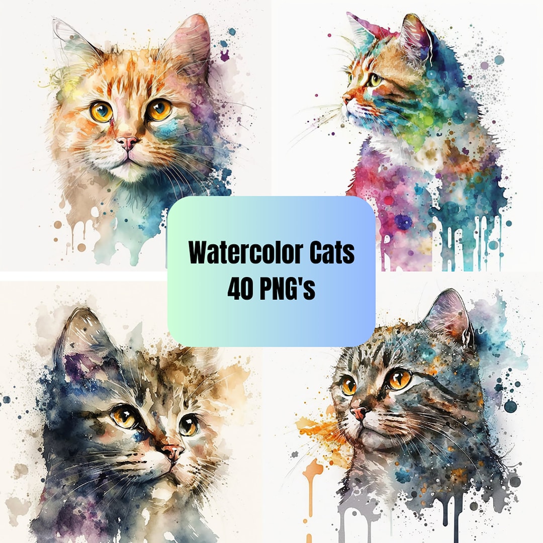 Watercolor Cats Clipart, Cute, Digital Design PNG, Transparent ...
