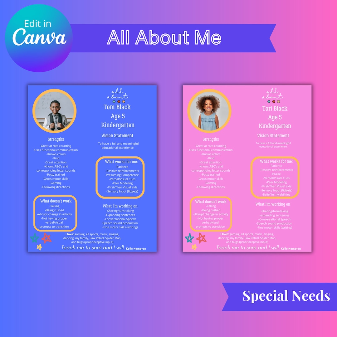 All About Me Page/ Back to School Special Needs autism Down - Etsy