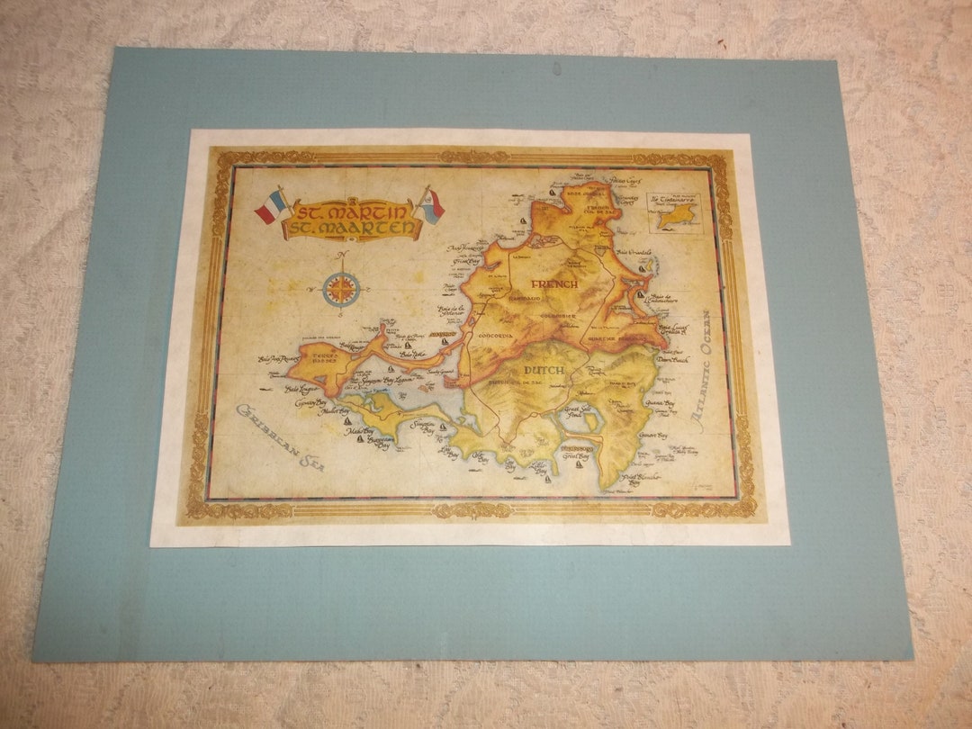 Vintage Paper Historic Map of St. Martin/st. Maarten by Greenwith Galleries Matted on Cardboard ...