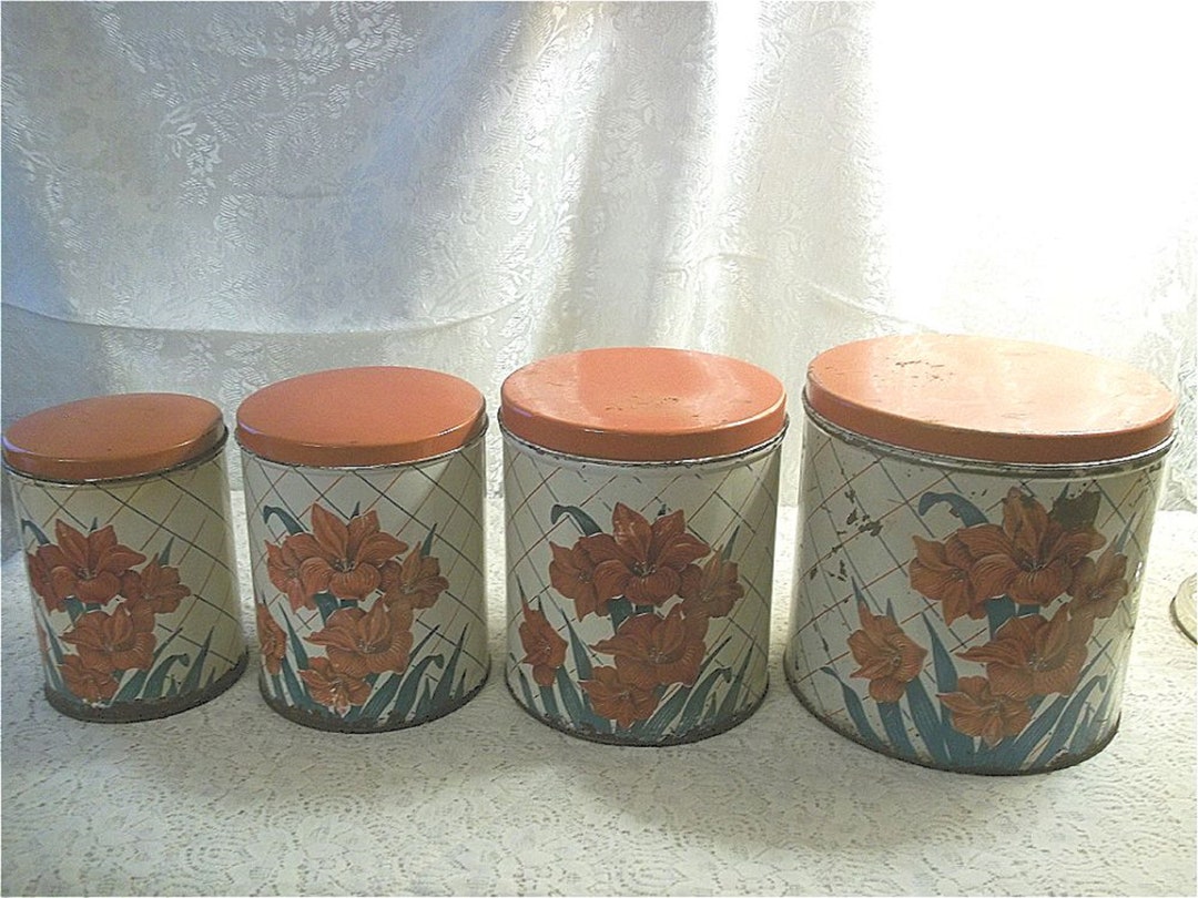 Vintage Retro Canisters Colorware Red Amaryllis Floral and Line Design ...