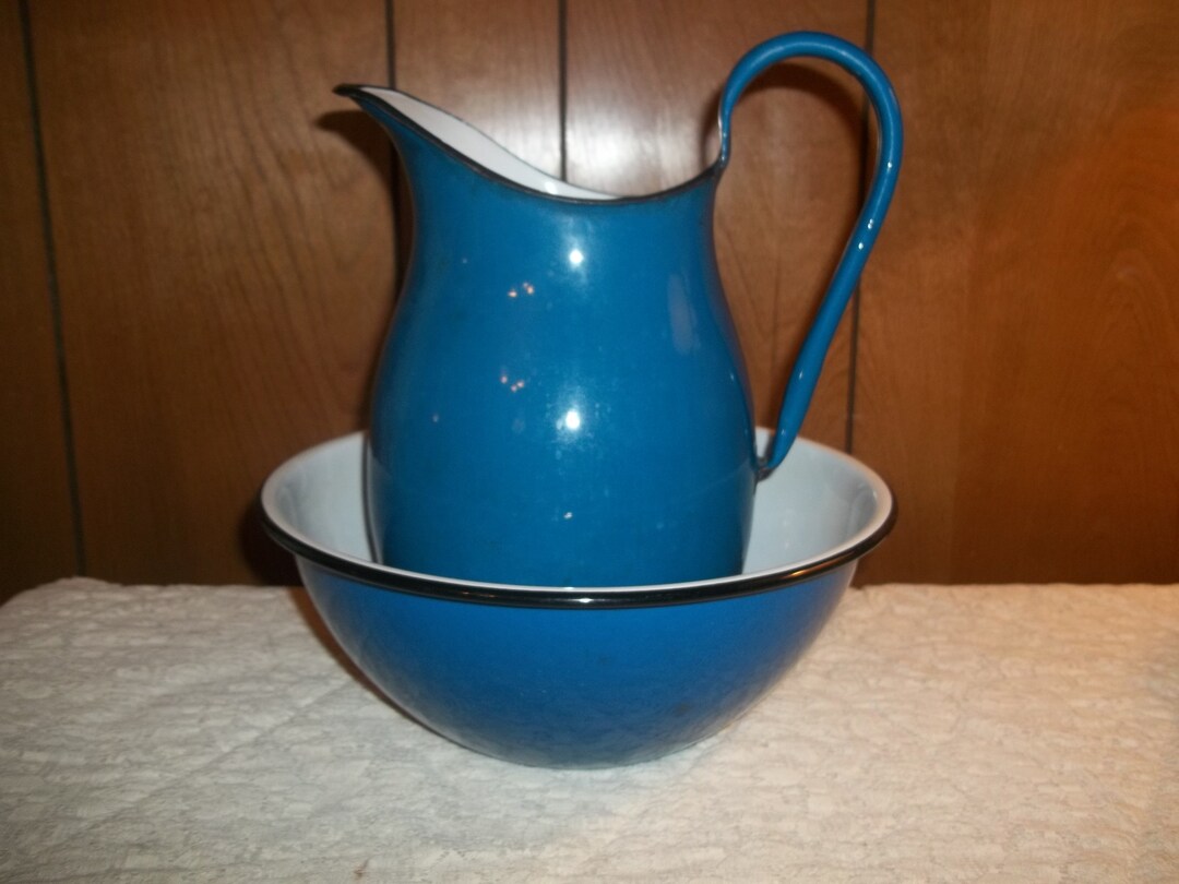Vintage Enamelware Pitcher and Bowl Blue and White Wash Set Farmhouse ...