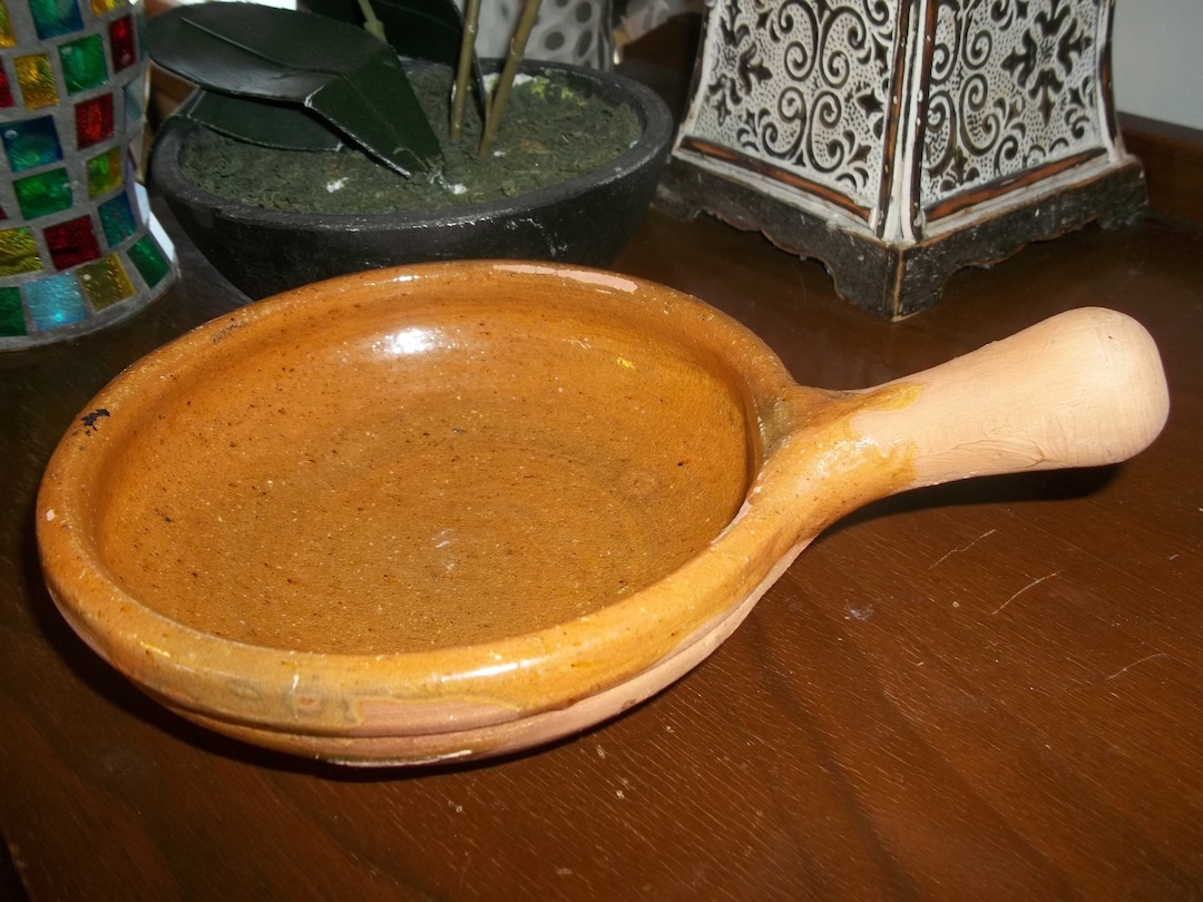 Original Clay Partial Glazed Pottery Serving Bowl With Handle Early ...