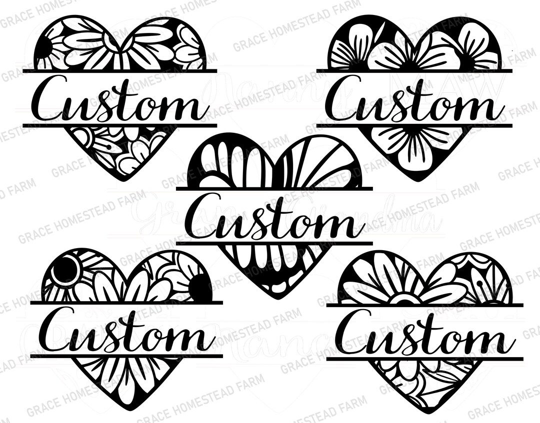 Custom Floral Split Heart Monogram Bundle of 5 Png Digital Download ...