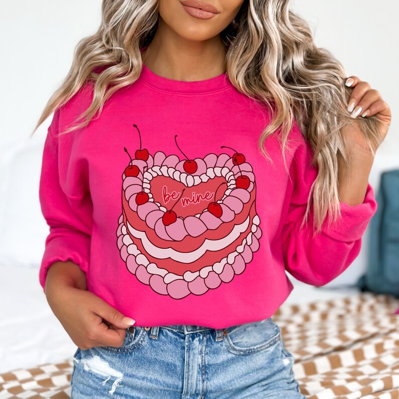 Be Mine Retro Heart Cake Valentines Sweatshirt, Kitschy Valentines Day, Valentine Sweater, Be ...