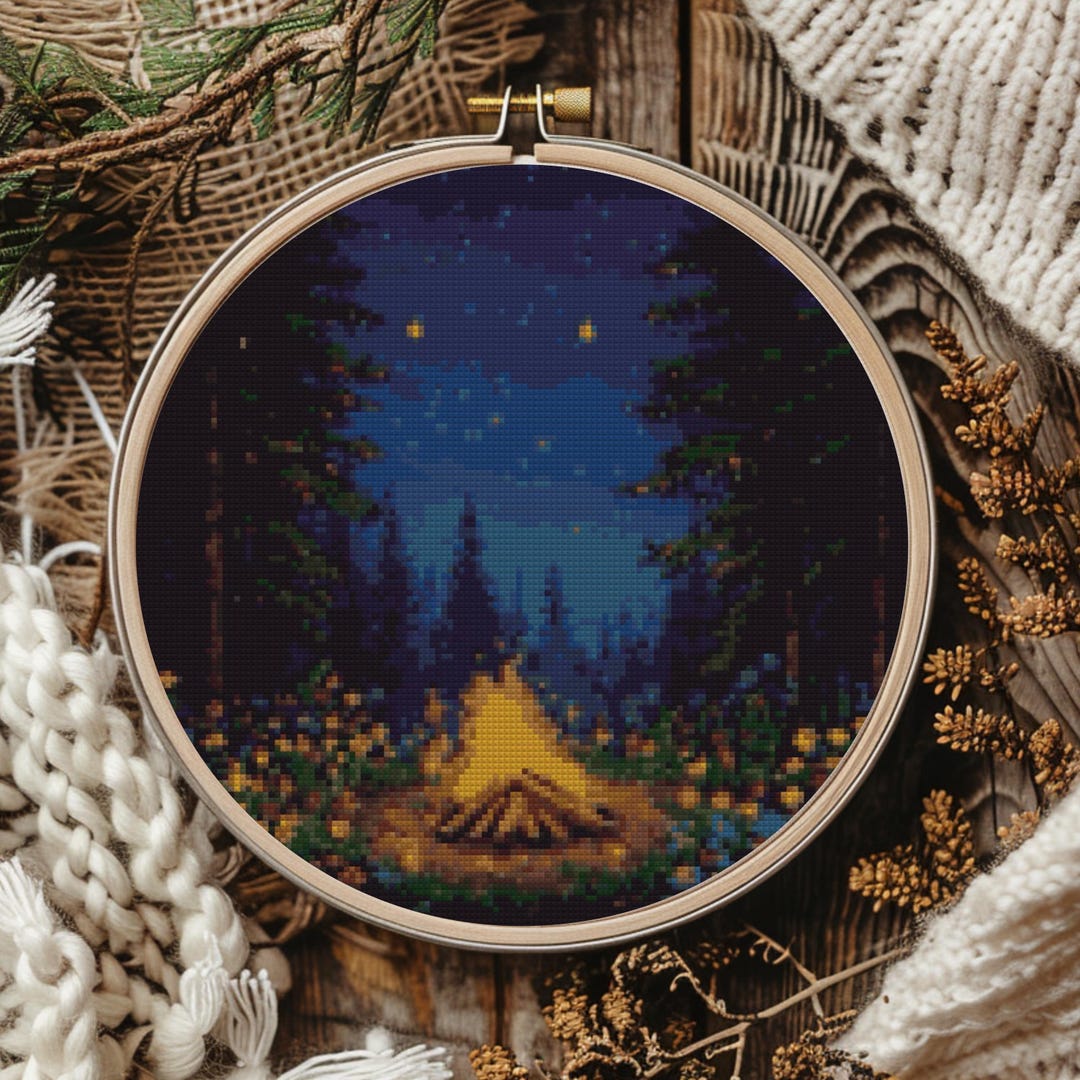 Night Campfire Cross Stitch Pattern - Starry Night & Forest Scene - PDF ...
