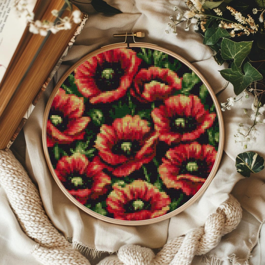 Poppy Cross Stitch Pattern - Seamless Floral Design - PDF Instant ...