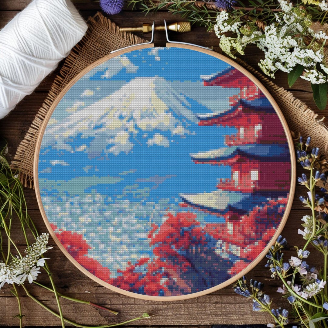 Mount Fuji Cross Stitch Pattern - Japanese Pagoda & Sakura - PDF ...