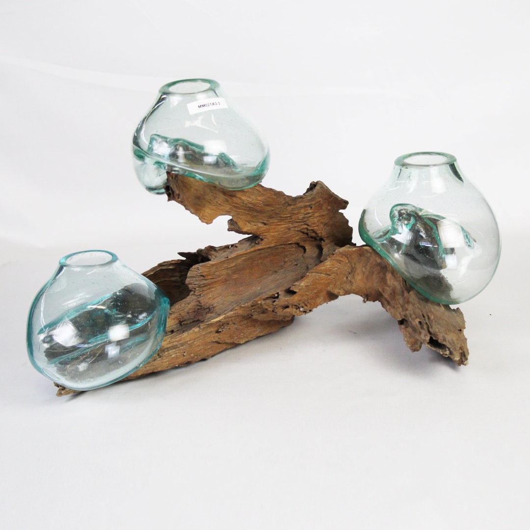 Three Molten Glass on Teak Wood Base Vase MM021A3-3 - Etsy