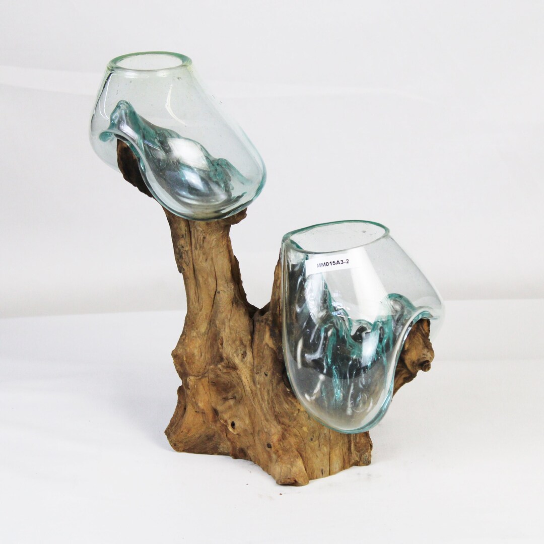 Double Molten Glass on Teak Wood Base Vase MM015A3-2 - Etsy