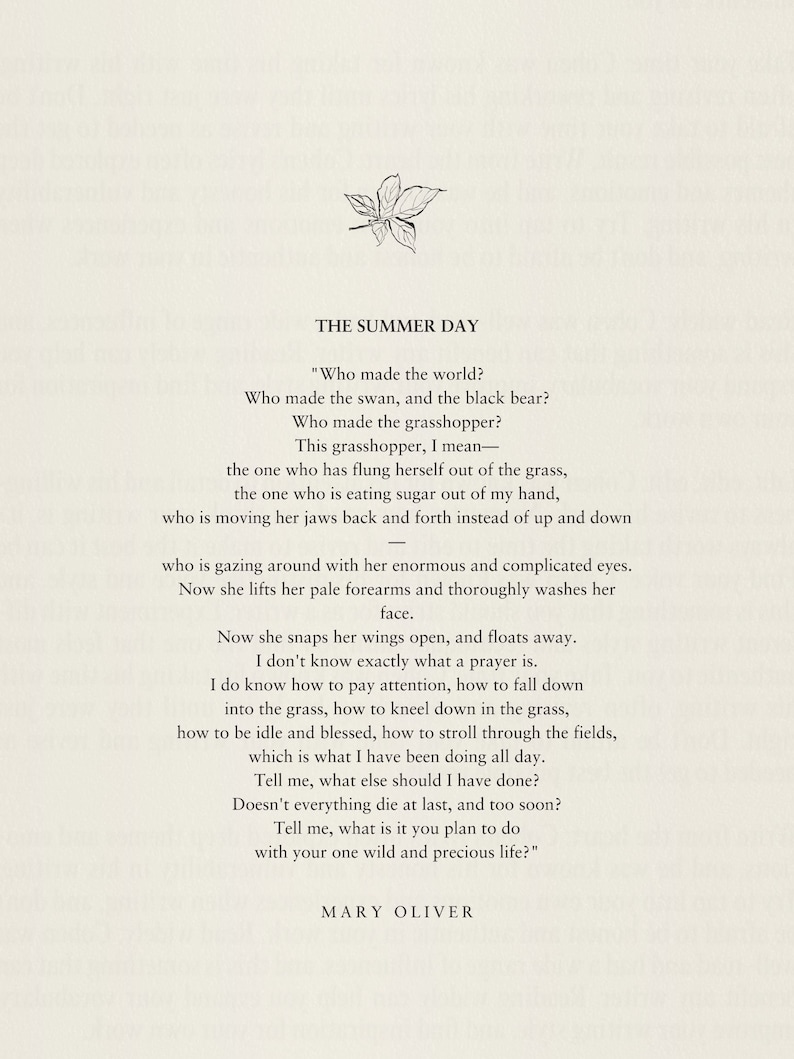 Mary Oliver the Summer Day, Poem Prints, Book Quotes, Gift for Writers ...