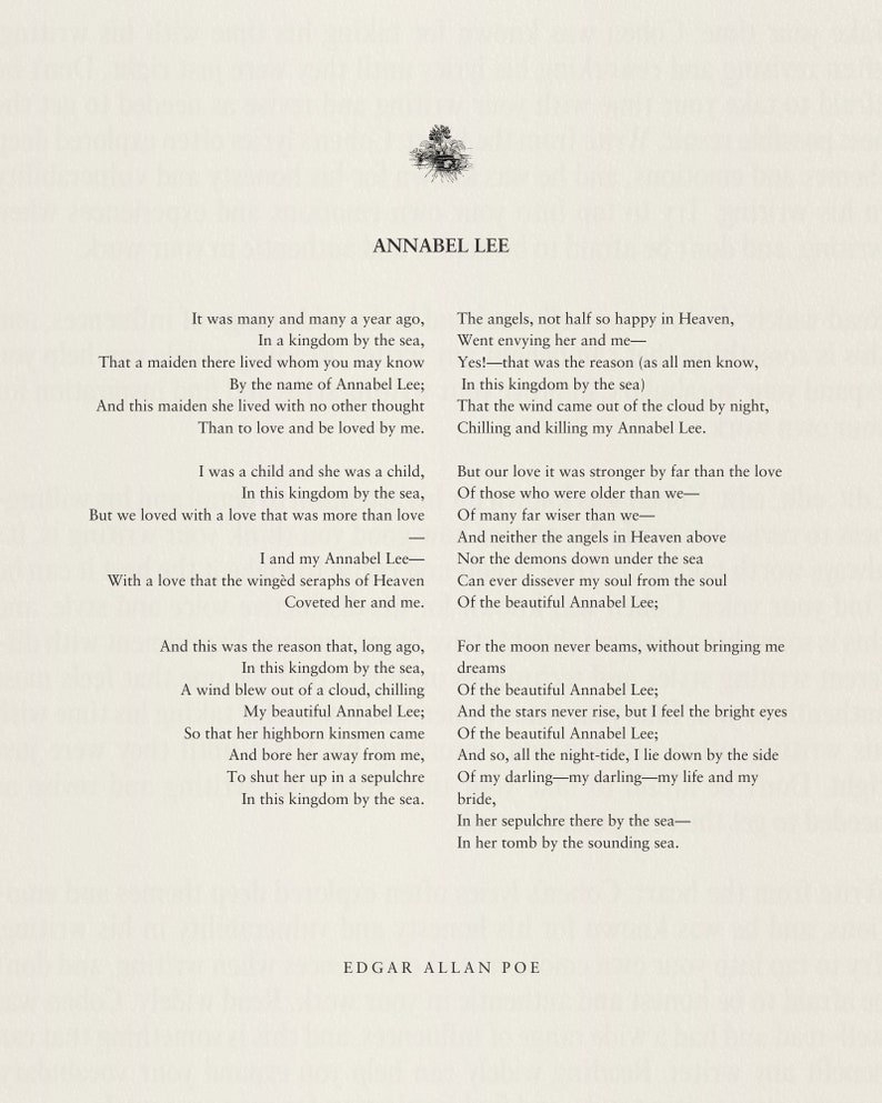 Edgar Allan Poe annabel Lee, Poem Prints, Book Quotes, Gift for Writers ...