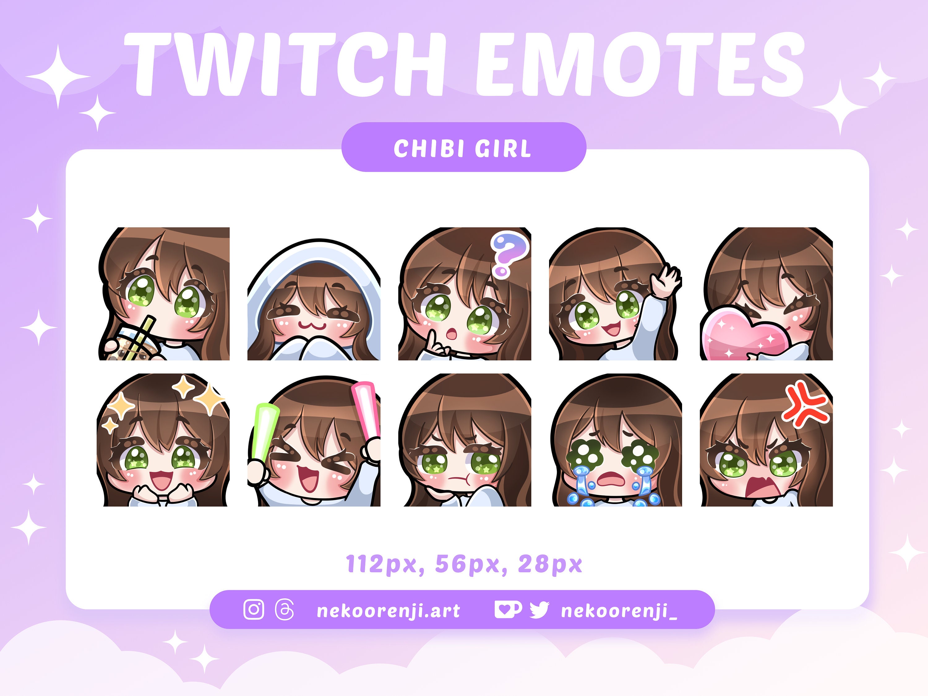Cute Chibi Girl Emote Set for Twitch / Discord | Dark Brown Hair With ...