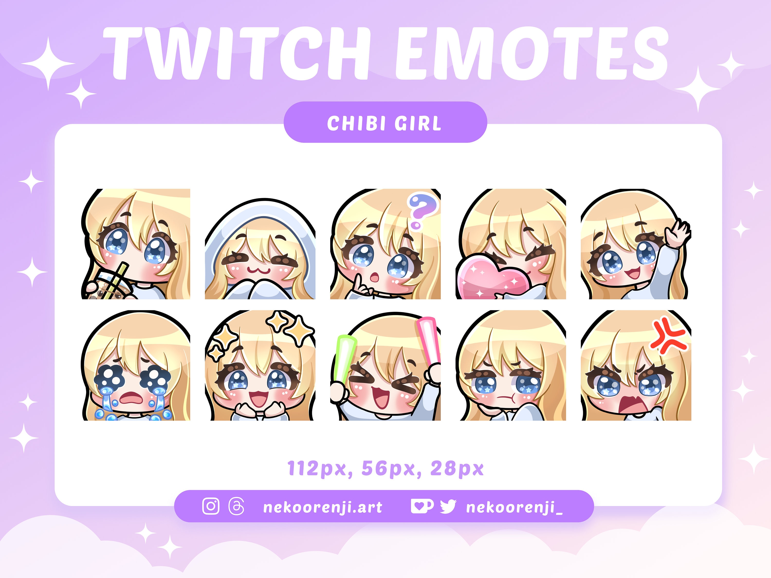 Cute Chibi Girl Emote Set for Twitch / Discord | Blonde Hair With Bangs ...