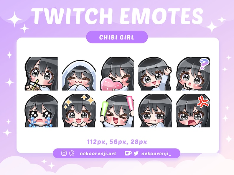 Cute Chibi Girl Emote Set for Twitch / Discord | Black Hair With Bangs ...