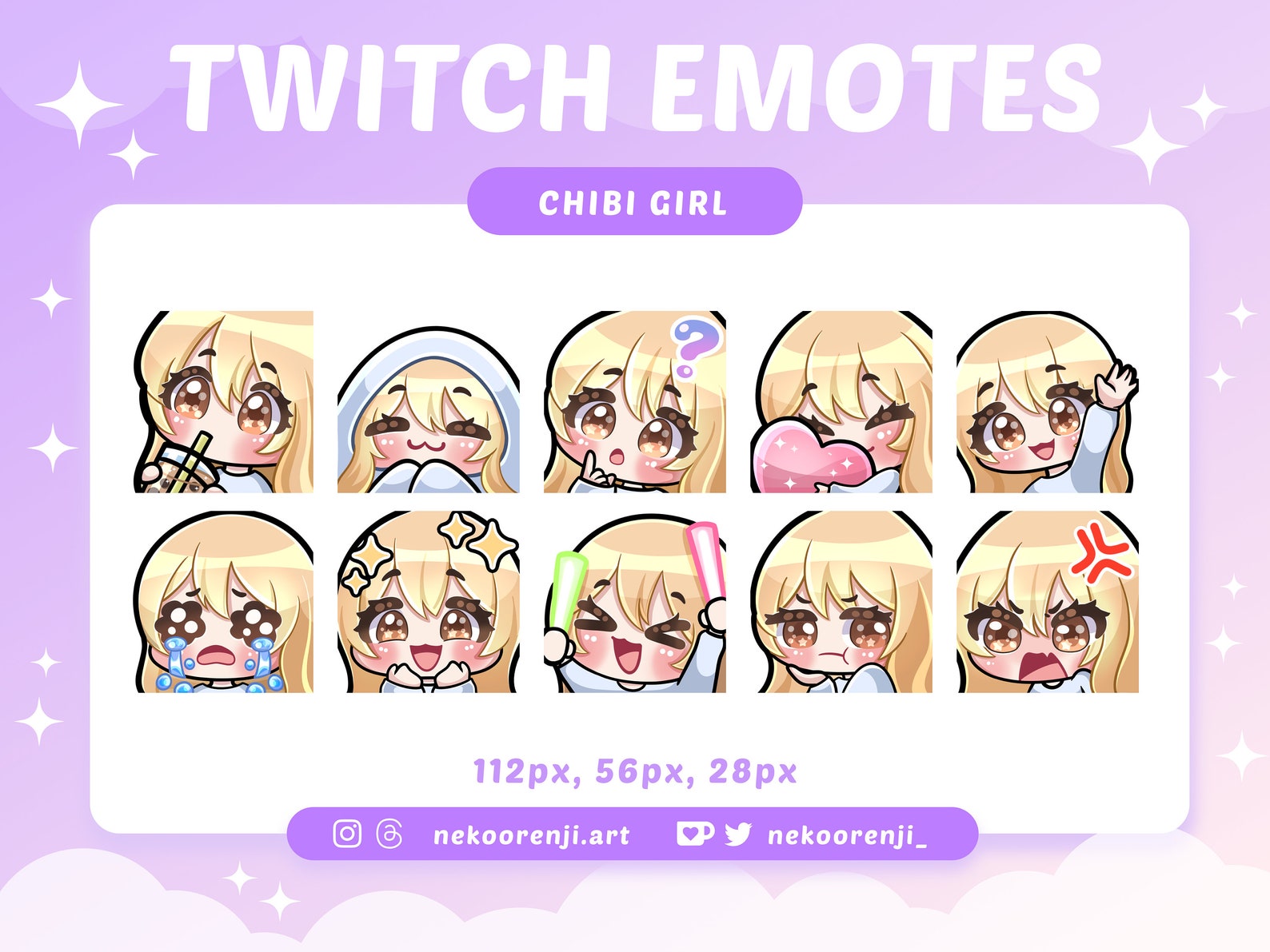 Cute Chibi Girl Emote Set for Twitch / Discord | Blonde Hair With Bangs ...