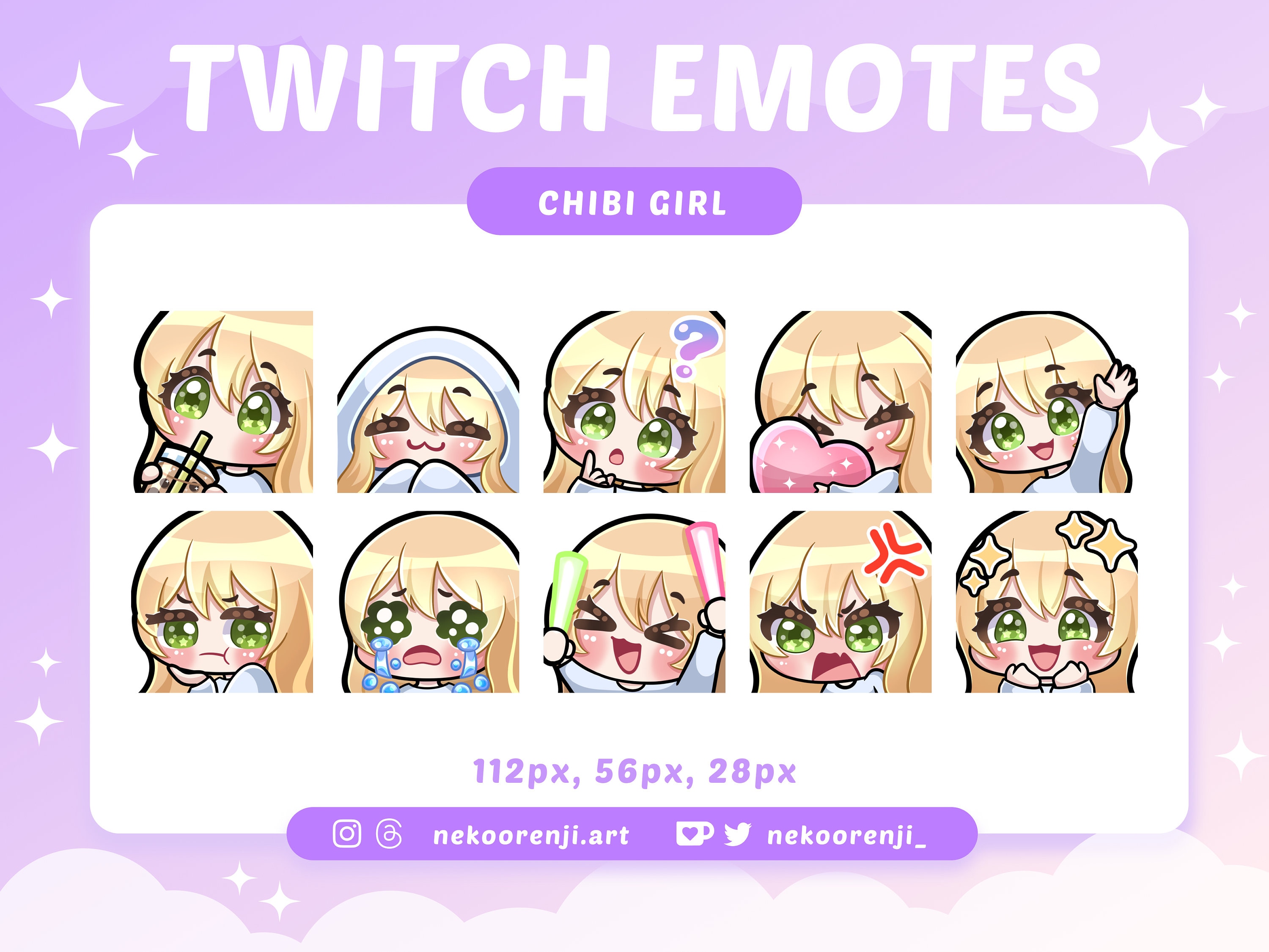 Cute Chibi Girl Emote Set for Twitch / Discord | Blonde Hair With Bangs ...