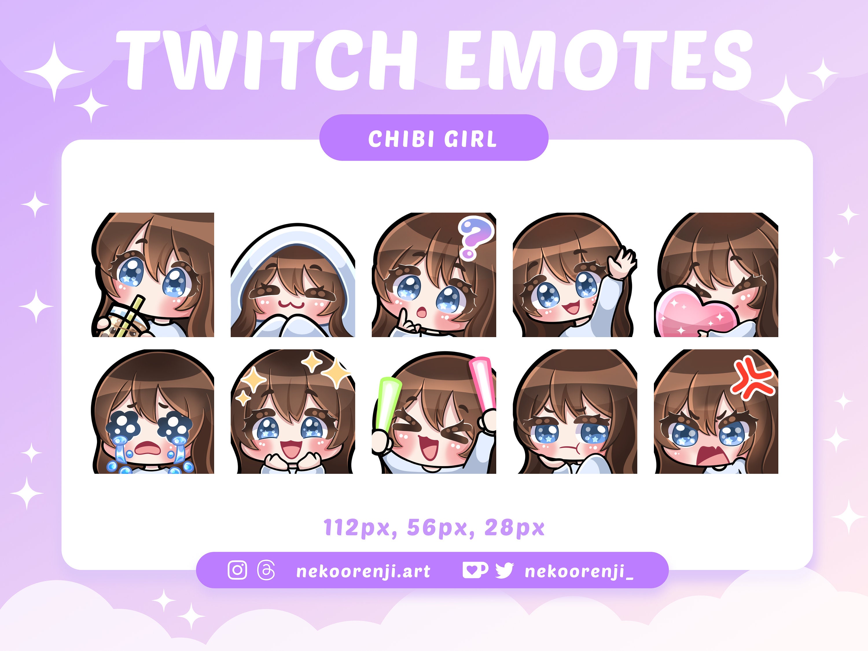 Cute Chibi Girl Emote Set for Twitch / Discord | Dark Brown Hair With ...