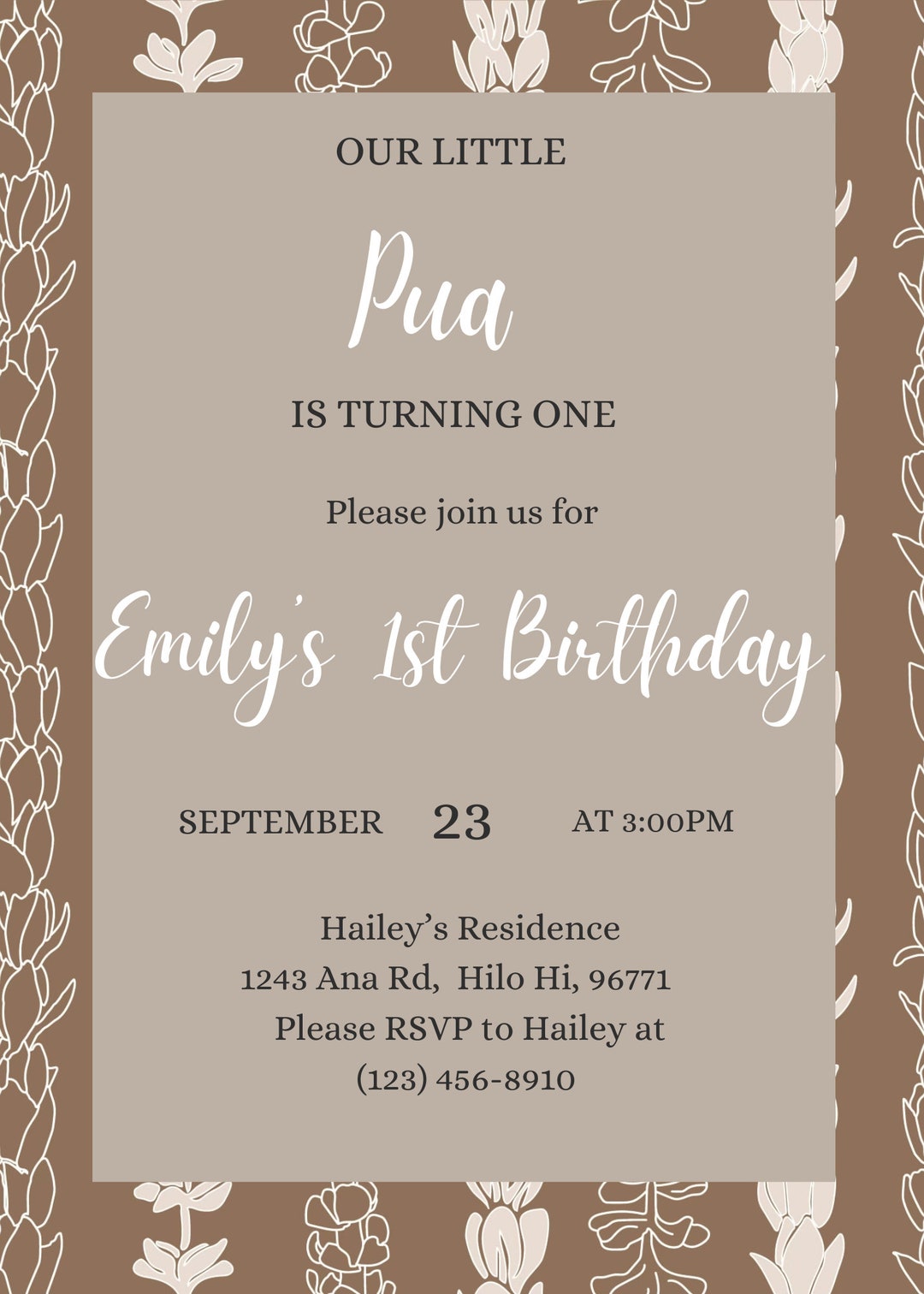 Hawaiian Pua Birthday Party Invitation, Digital Download, Plumeria ...