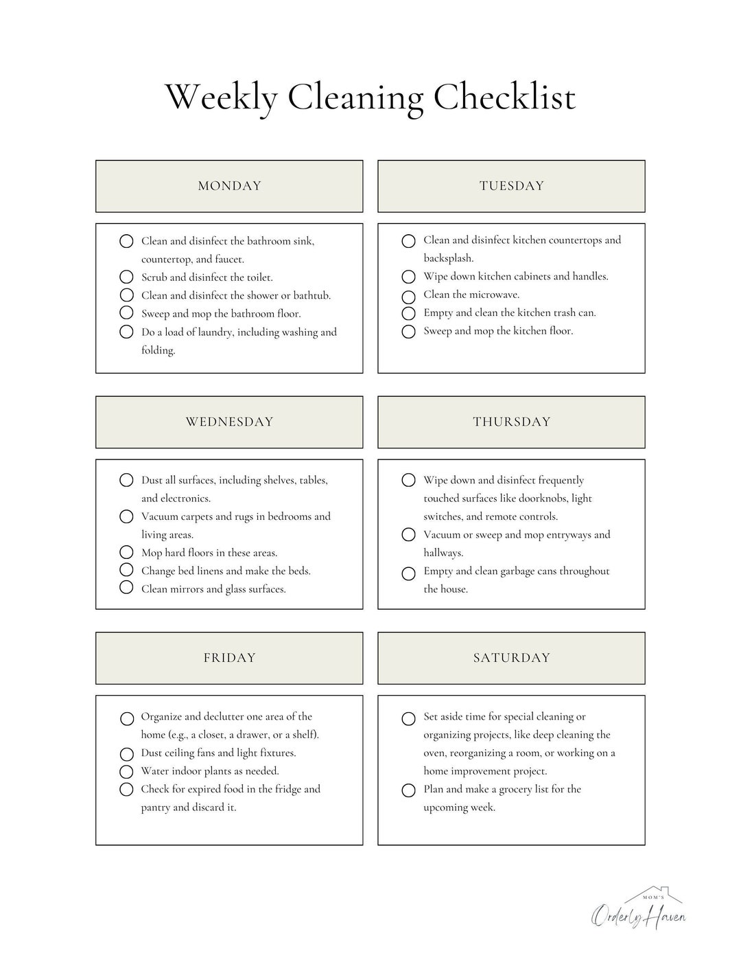 Neutral & Clean Weekly Cleaning Schedule Printable - Monday to Saturday ...