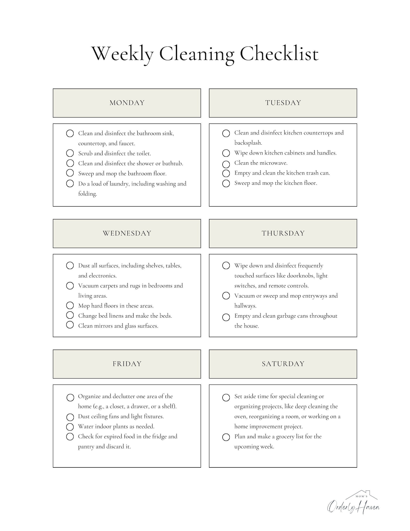 Neutral & Clean Weekly Cleaning Schedule Printable - Monday to Saturday ...