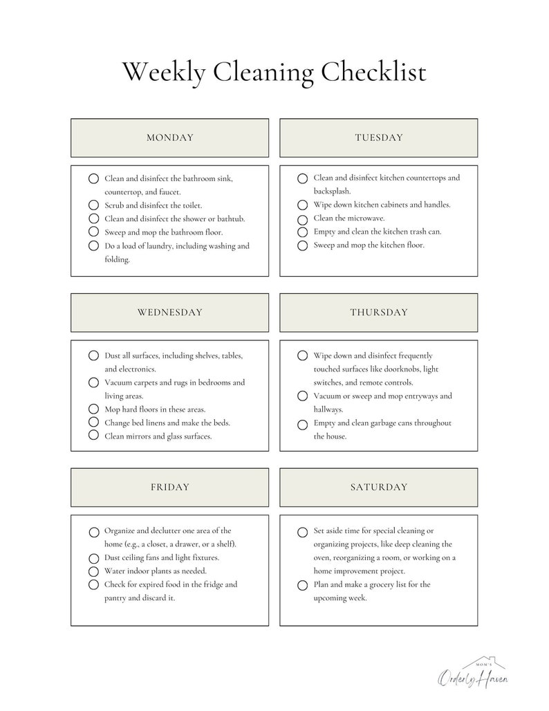 Neutral & Clean Weekly Cleaning Schedule Printable - Monday to Saturday ...