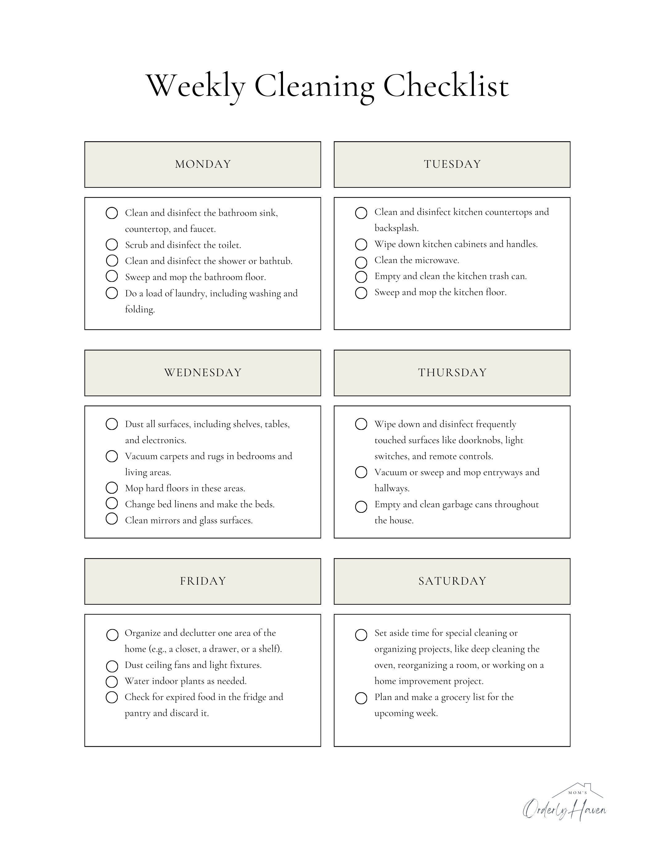 Neutral & Clean Weekly Cleaning Schedule Printable - Monday to Saturday ...