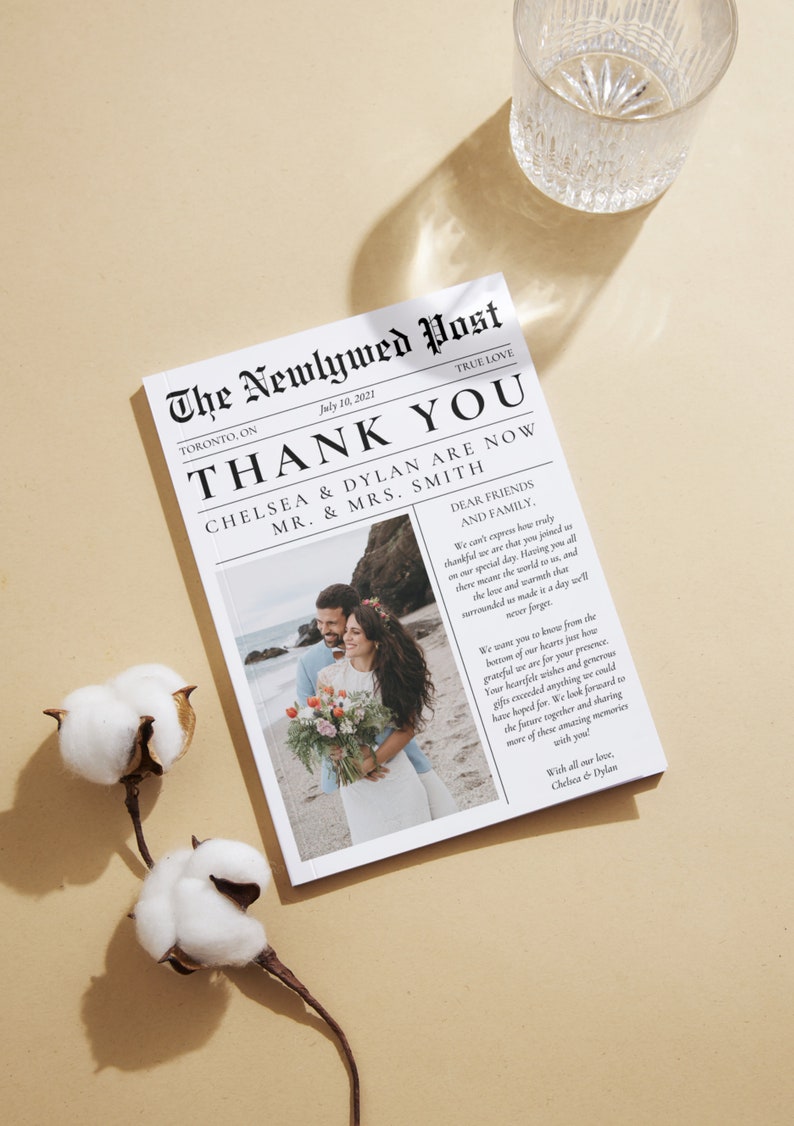 Newlywed Newspaper Thank You Card - Etsy
