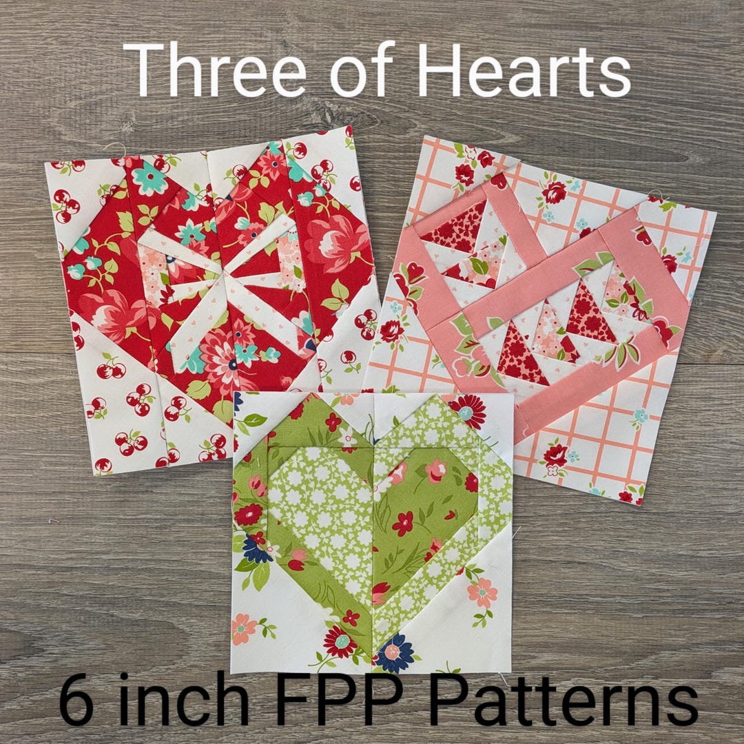 THREE of HEARTS 6" Block Patterns - 3 FPP Quilt Blocks - Foundation ...