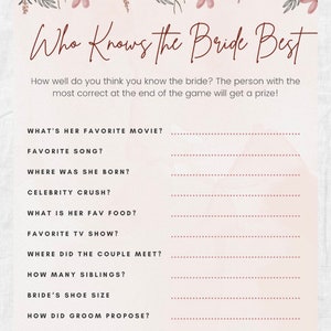 Who Knows the Bride Best Fun Printable Bridal Shower Game, Printable ...