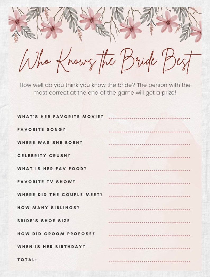 Who Knows the Bride Best Fun Printable Bridal Shower Game, Printable ...
