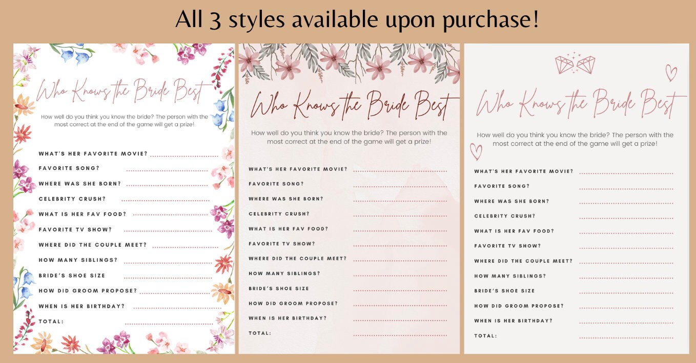 Who Knows the Bride Best Fun Printable Bridal Shower Game, Printable ...
