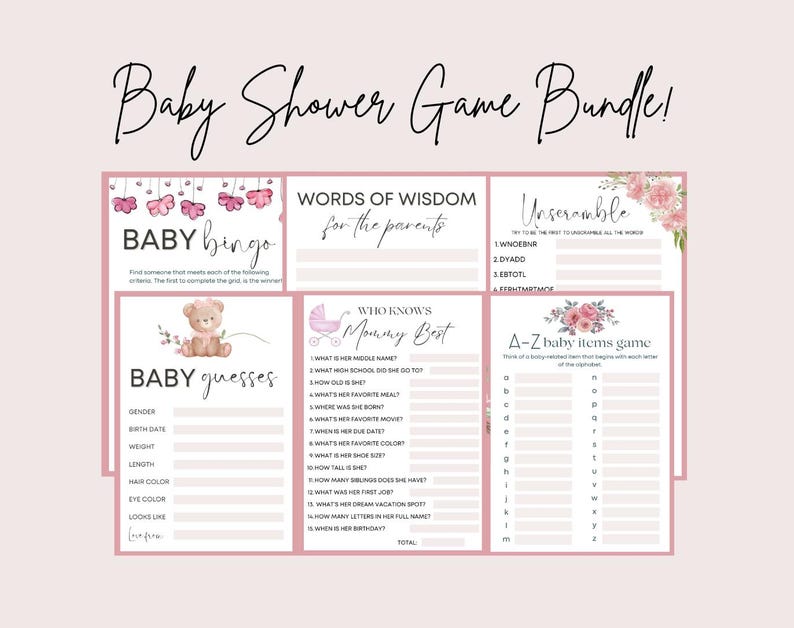 Baby Shower Game Bundle - Pink, Printable Baby Shower Game - Etsy