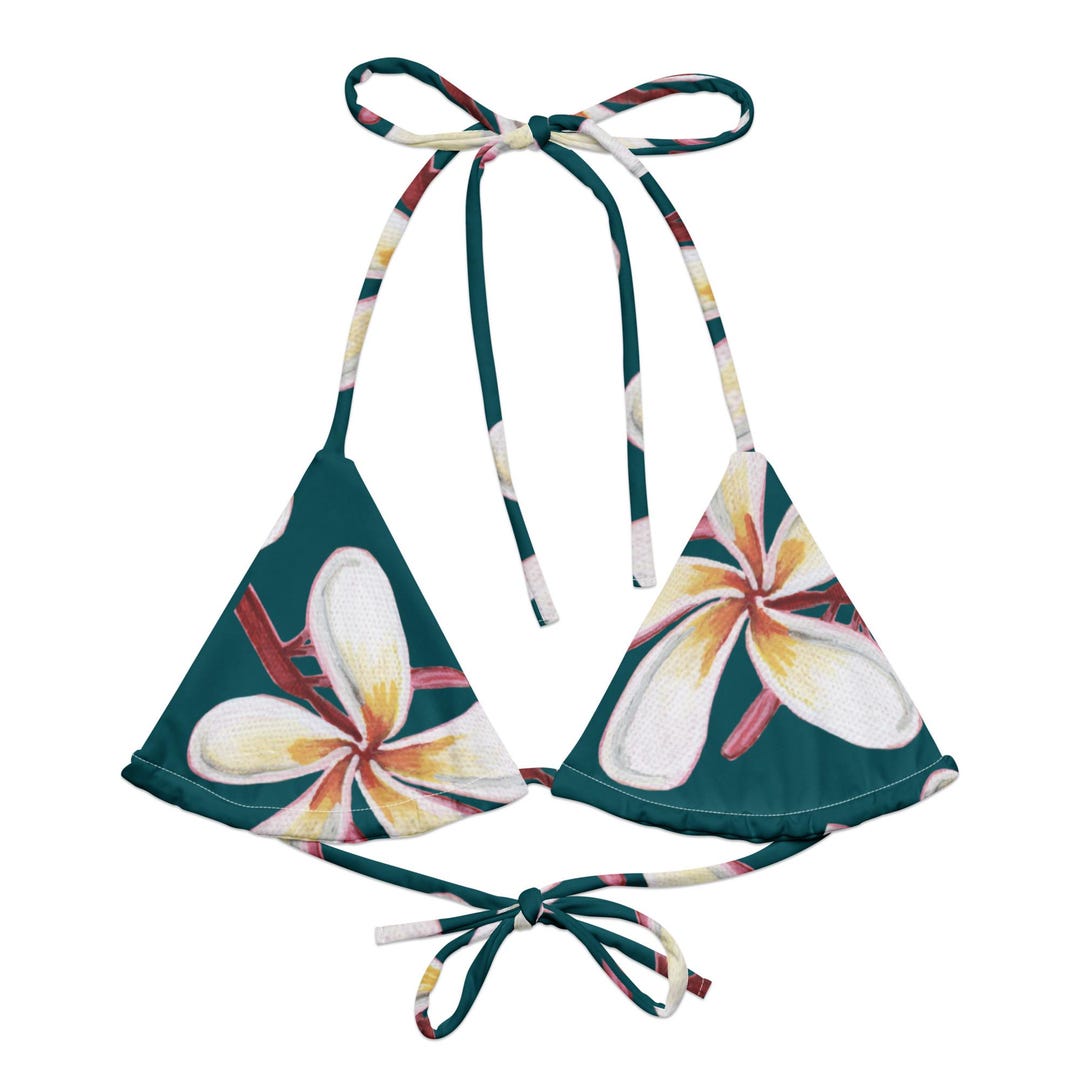 Plumeria Flower String Bikini Top | Tropical Teal Floral Print Women's ...