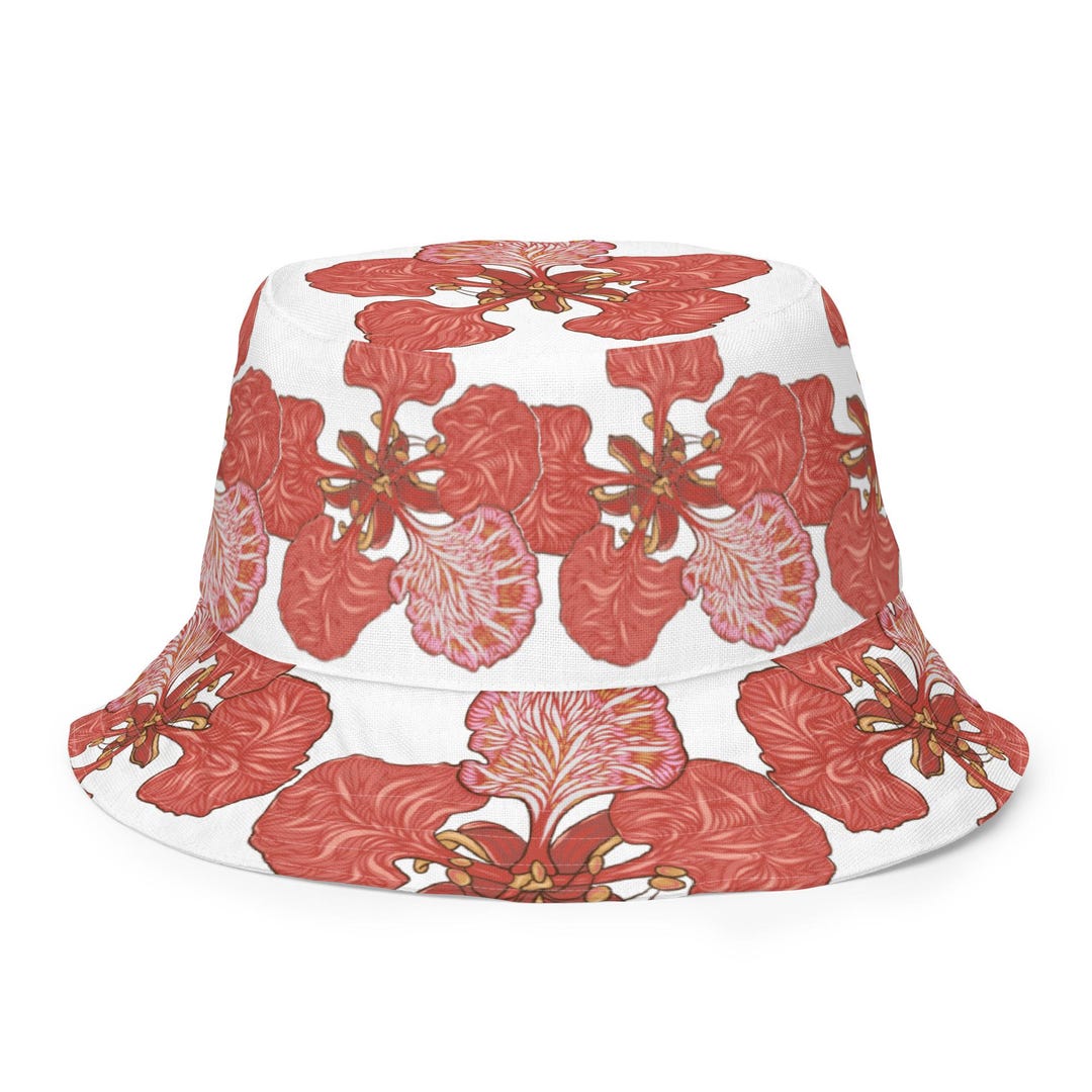 Flamboyant Flower Bucket Hat | Flame Tree Floral Print Reversible Beach ...