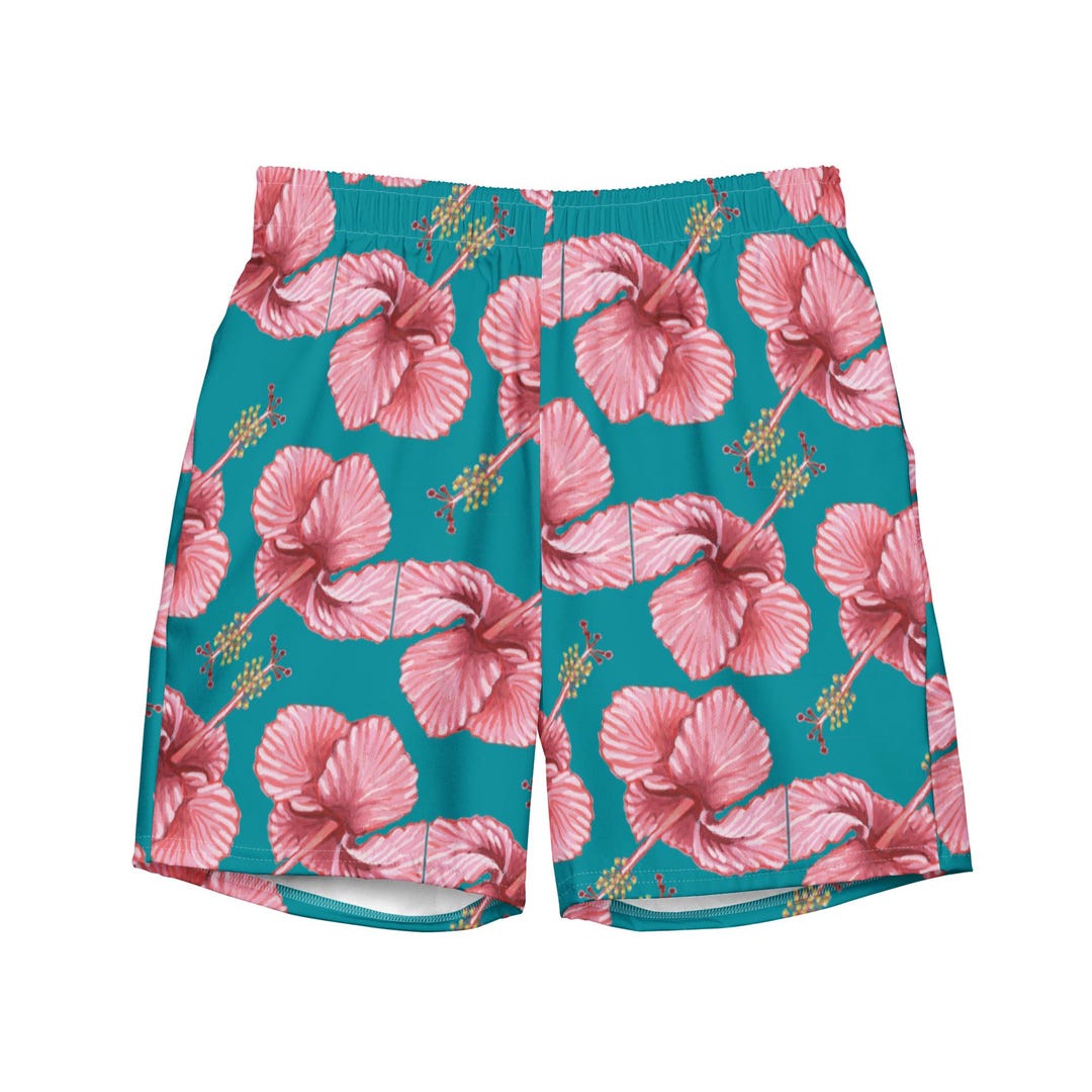 Hibiscus Flower Swim Trunks | Tropical Turquoise Floral Print Men's ...