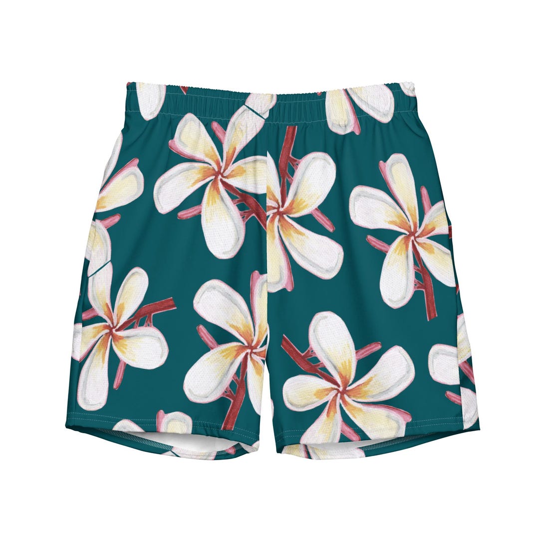 Plumeria Flower Swim Trunks | Tropical Teal Floral Print Men's Swim ...