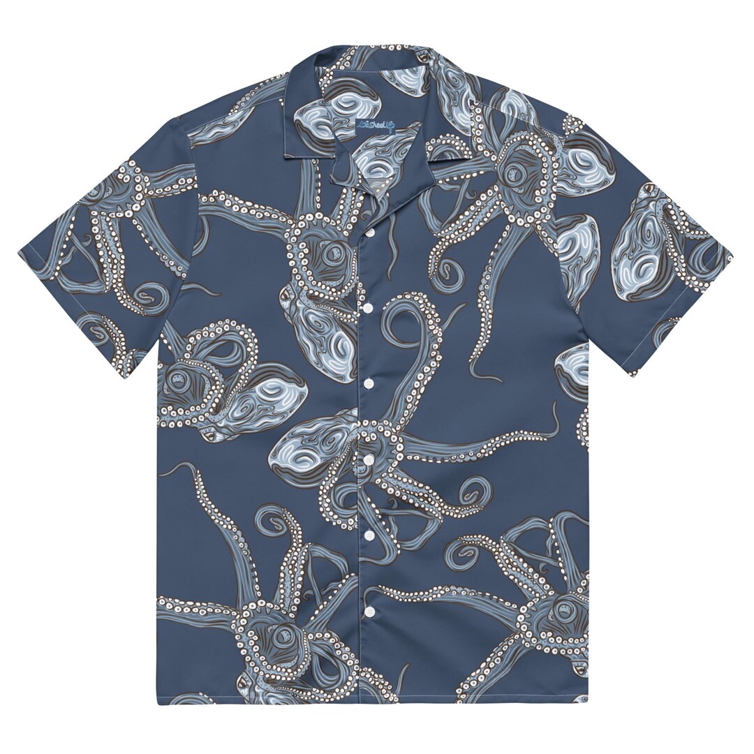 Octopus Tentacle Hawaiian Shirt | Navy Blue Ocean Pattern Beach Button ...