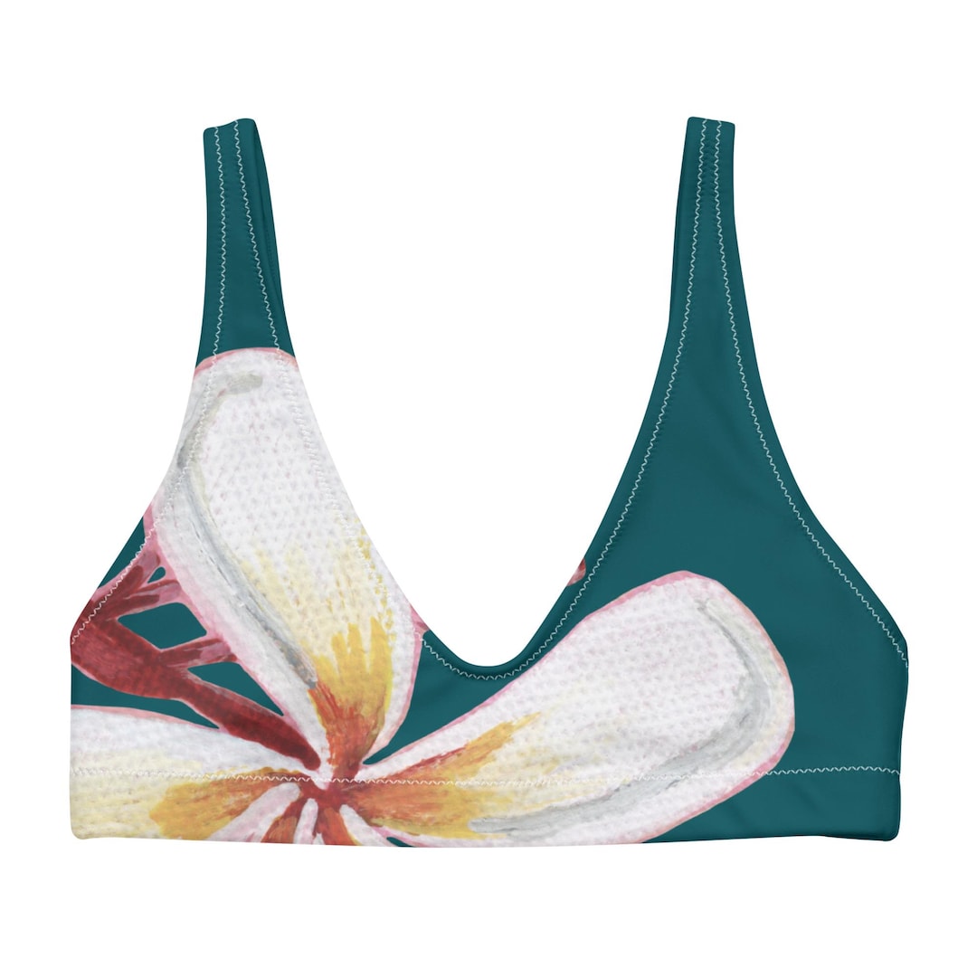 Plumeria Flower Sport Bikini Top | Tropical Teal Floral Print Women’s ...